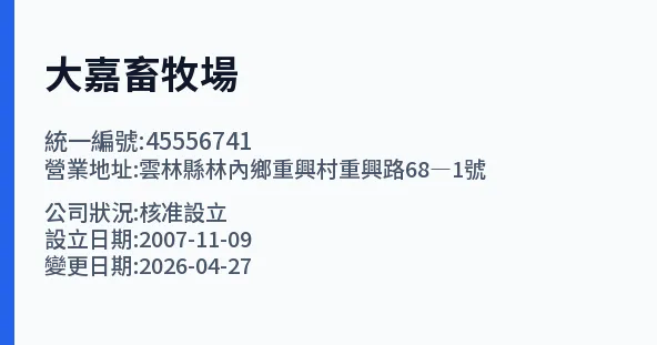 大嘉畜牧場的照片-統編 45556741(雲林縣) 公司登記資料與營業項目詳細圖表