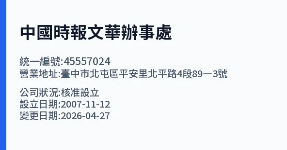 中國時報文華辦事處的照片-統編 45557024(臺中市) 公司登記資料與營業項目詳細圖表