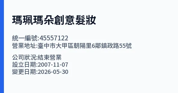 瑪珮瑪朵創意髮妝的照片-統編 45557122(臺中市) 公司登記資料與營業項目詳細圖表