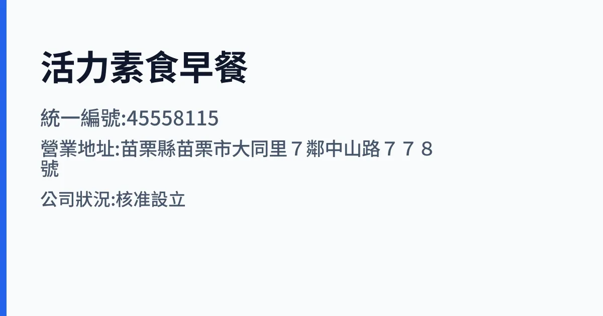 活力素食早餐 - 統編 45558115(苗栗縣) 公司登記資料與營業項目詳細圖表