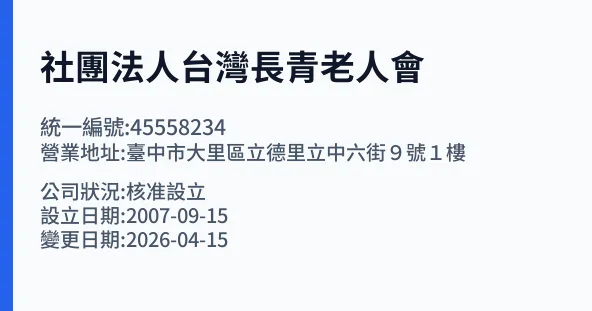 社團法人台灣長青老人會的照片-統編 45558234(臺中市) 公司登記資料與營業項目詳細圖表