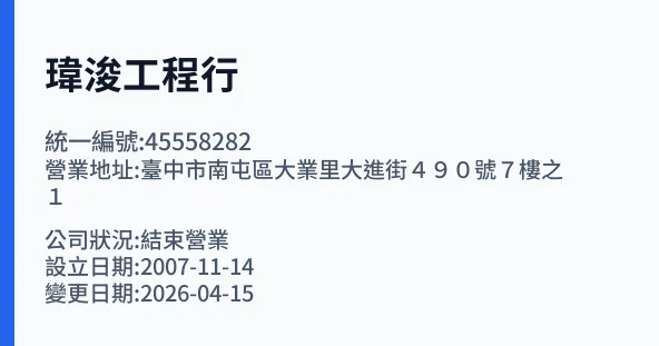 瑋浚工程行的照片-統編 45558282(臺中市) 公司登記資料與營業項目詳細圖表