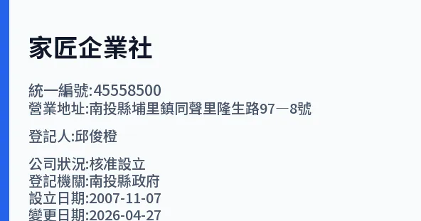 家匠企業社的照片-統編 45558500(南投縣) 公司登記資料與營業項目詳細圖表