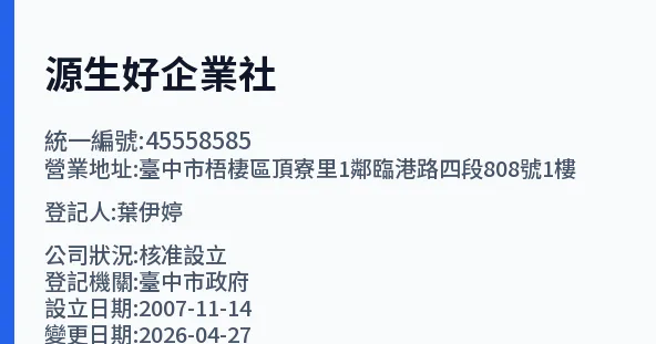 源生好企業社的照片-統編 45558585(臺中市) 公司登記資料與營業項目詳細圖表