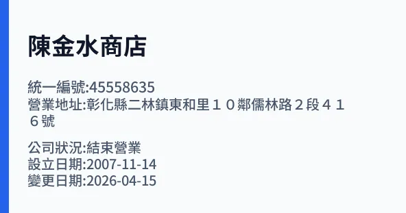陳金水商店的照片-統編 45558635(彰化縣) 公司登記資料與營業項目詳細圖表