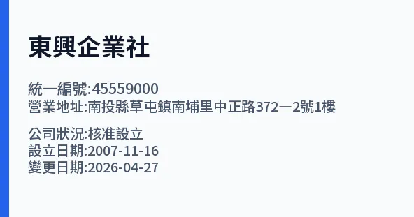 東興企業社的照片-統編 45559000(南投縣) 公司登記資料與營業項目詳細圖表