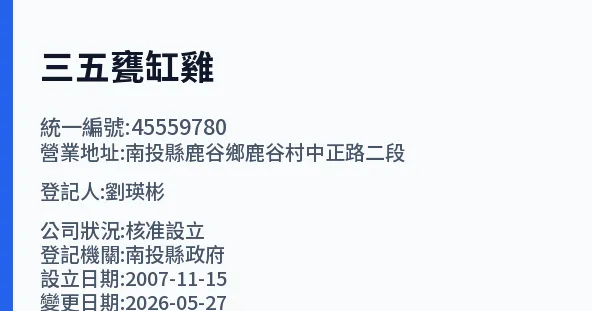 三五甕缸雞的照片-統編 45559780(南投縣) 公司登記資料與營業項目詳細圖表