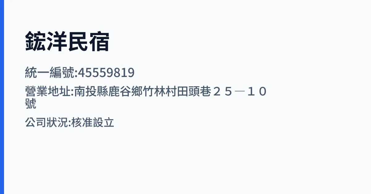 鋐洋民宿 - 統編 45559819(南投縣) 公司登記資料與營業項目詳細圖表
