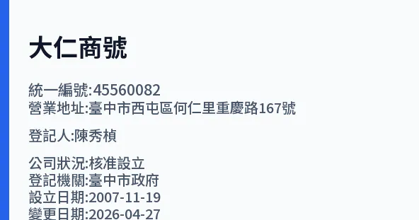 大仁商號的照片-統編 45560082(臺中市) 公司登記資料與營業項目詳細圖表