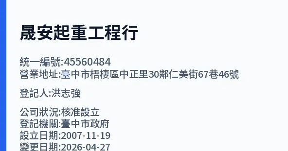 晟安起重工程行的照片-統編 45560484(臺中市) 公司登記資料與營業項目詳細圖表
