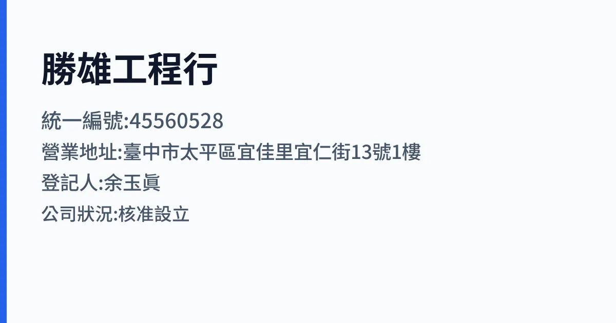 勝雄工程行 - 統編 45560528(臺中市) 公司登記資料與營業項目詳細圖表