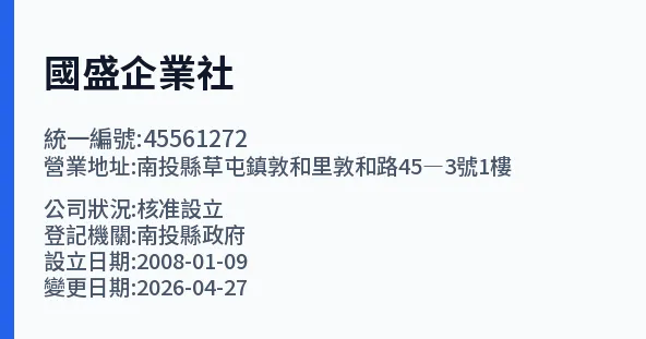 國盛企業社的照片-統編 45561272(南投縣) 公司登記資料與營業項目詳細圖表