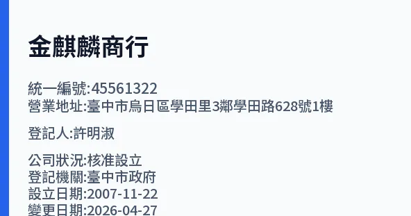 金麒麟商行的照片-統編 45561322(臺中市) 公司登記資料與營業項目詳細圖表