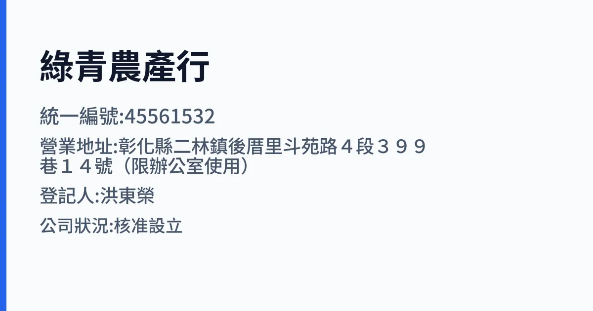 綠青農產行 - 統編 45561532(彰化縣) 公司登記資料與營業項目詳細圖表