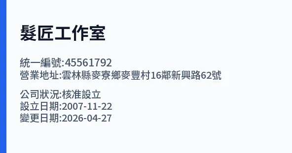 髮匠工作室的照片-統編 45561792(雲林縣) 公司登記資料與營業項目詳細圖表