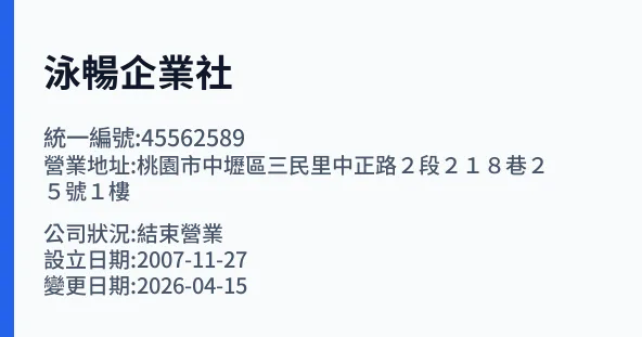泳暢企業社的照片-統編 45562589(桃園市) 公司登記資料與營業項目詳細圖表