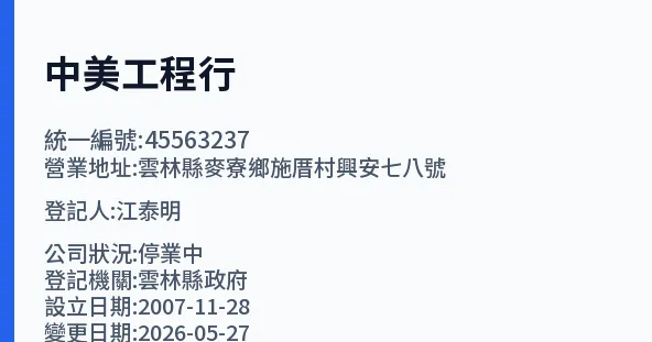 中美工程行的照片-統編 45563237(雲林縣) 公司登記資料與營業項目詳細圖表