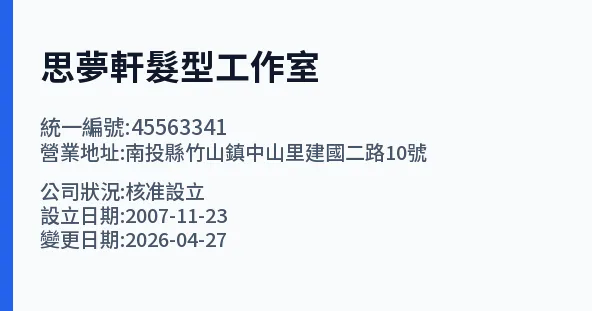 思夢軒髮型工作室的照片-統編 45563341(南投縣) 公司登記資料與營業項目詳細圖表