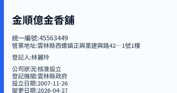 金順億金香舖的照片-統編 45563449(雲林縣) 公司登記資料與營業項目詳細圖表