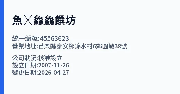 魚䲆鱻鱻饌坊的照片-統編 45563623(苗栗縣) 公司登記資料與營業項目詳細圖表