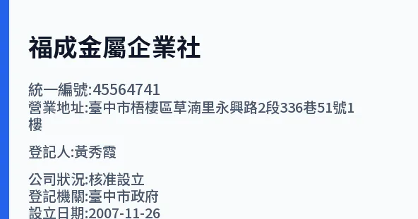 福成金屬企業社的照片-統編 45564741(臺中市) 公司登記資料與營業項目詳細圖表