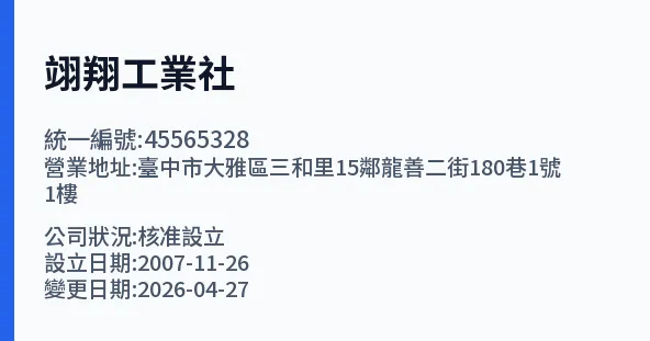 翊翔工業社的照片-統編 45565328(臺中市) 公司登記資料與營業項目詳細圖表