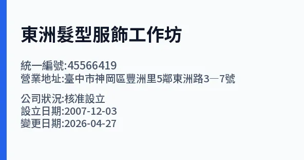 東洲髮型服飾工作坊的照片-統編 45566419(臺中市) 公司登記資料與營業項目詳細圖表