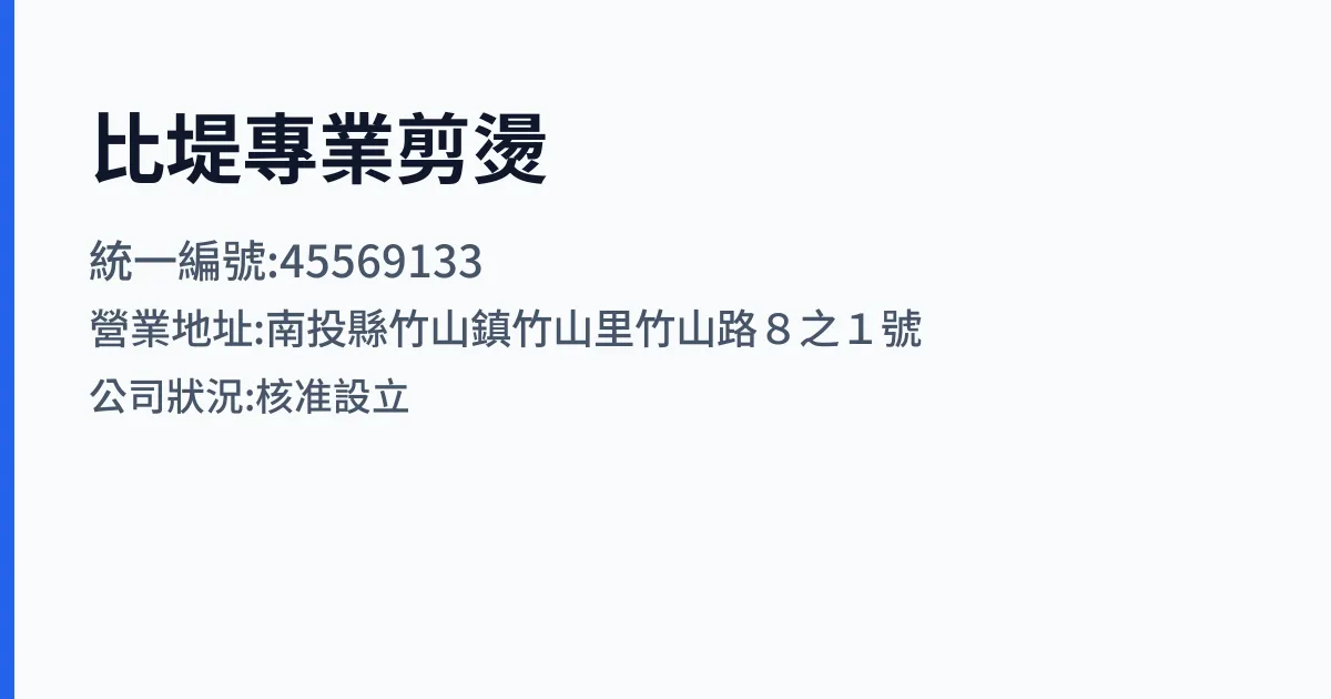 比堤專業剪燙 - 統編 45569133(南投縣) 公司登記資料與營業項目詳細圖表