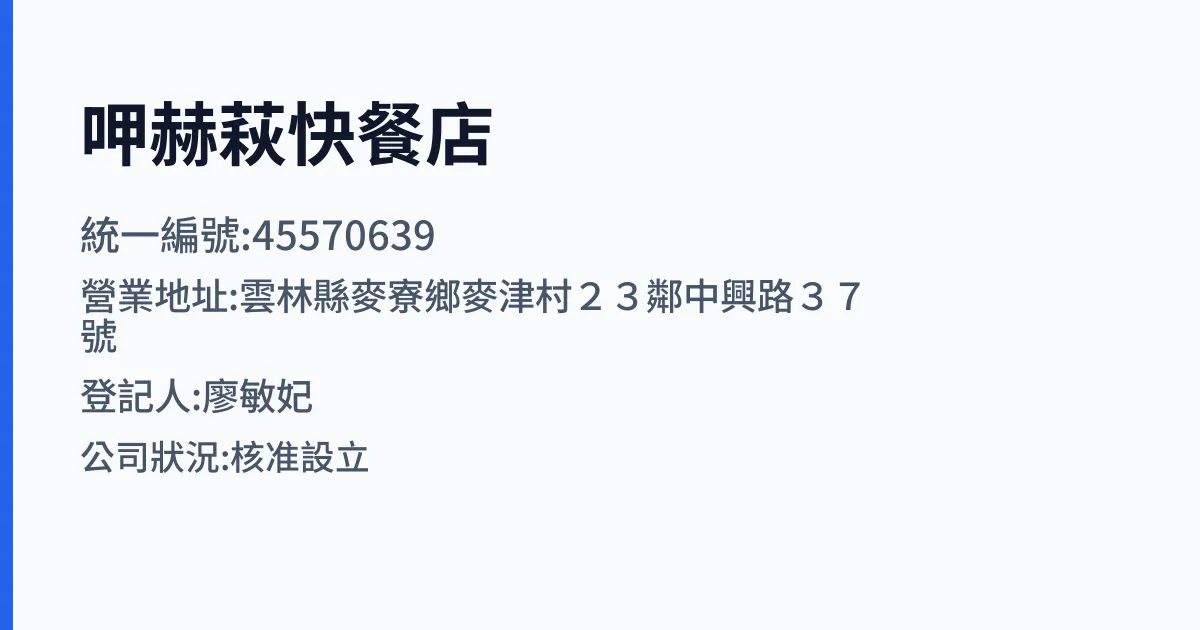 呷赫萩快餐店 - 統編 45570639(雲林縣) 公司登記資料與營業項目詳細圖表