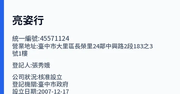亮姿行的照片-統編 45571124(臺中市) 公司登記資料與營業項目詳細圖表