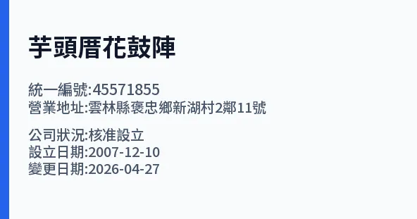 芋頭厝花鼓陣的照片-統編 45571855(雲林縣) 公司登記資料與營業項目詳細圖表