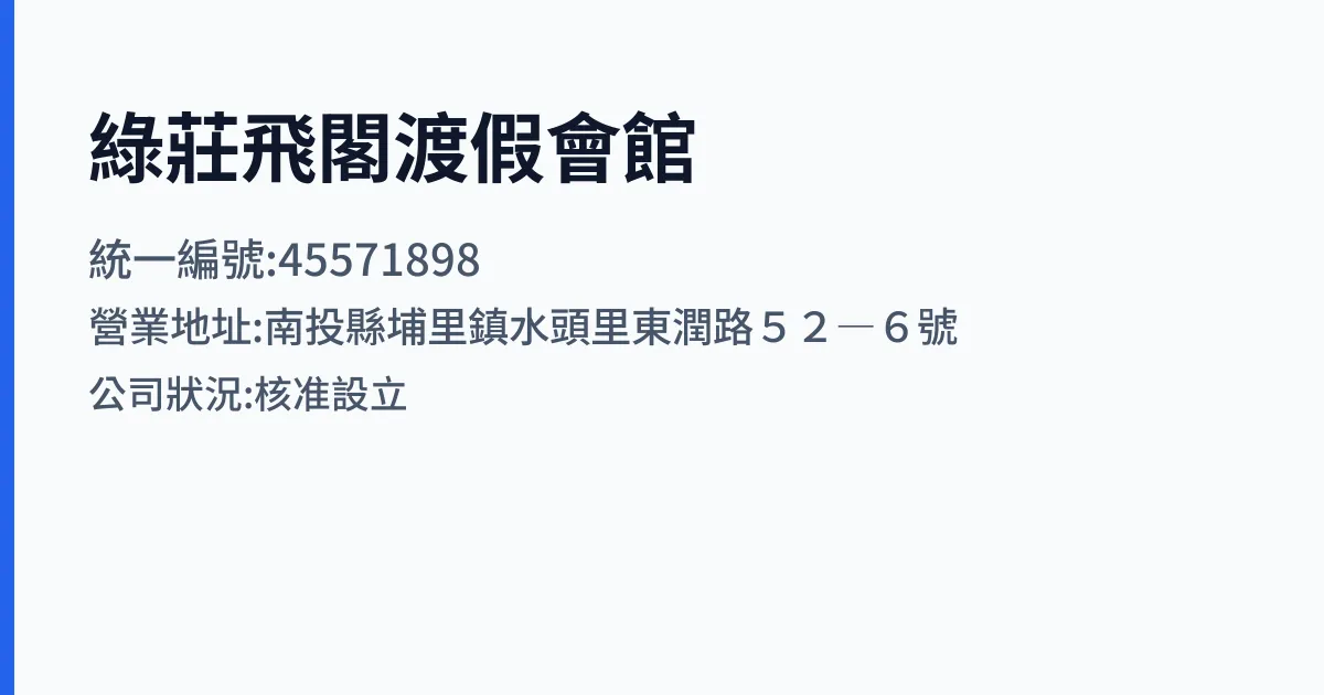 綠莊飛閣渡假會館 - 統編 45571898(南投縣) 公司登記資料與營業項目詳細圖表