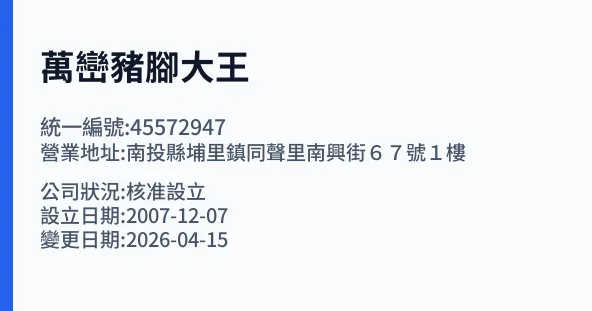 萬巒豬腳大王的照片-統編 45572947(南投縣) 公司登記資料與營業項目詳細圖表