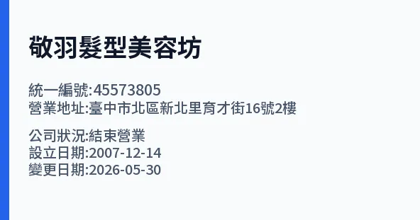 敬羽髮型美容坊的照片-統編 45573805(臺中市) 公司登記資料與營業項目詳細圖表