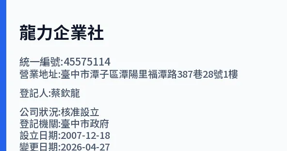 龍力企業社的照片-統編 45575114(臺中市) 公司登記資料與營業項目詳細圖表