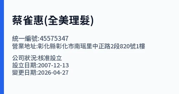 蔡雀惠(全美理髮)的照片-統編 45575347(彰化縣) 公司登記資料與營業項目詳細圖表