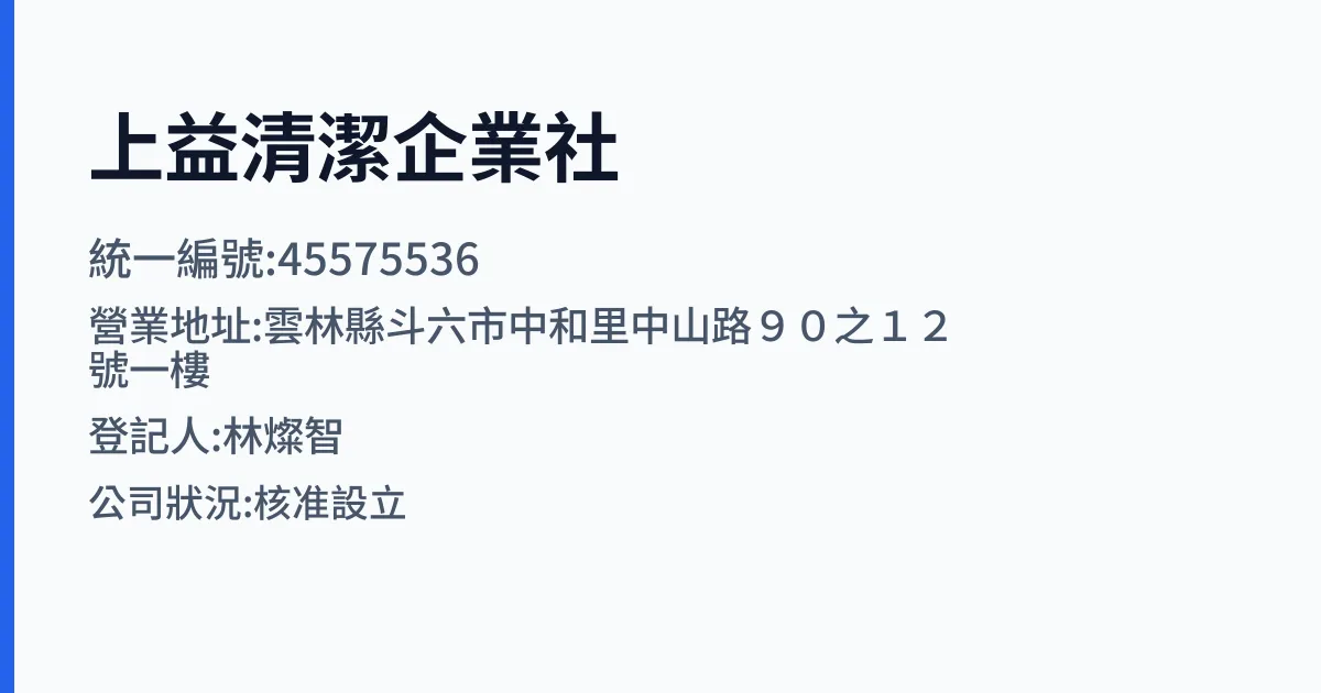 上益清潔企業社 - 統編 45575536(雲林縣) 公司登記資料與營業項目詳細圖表