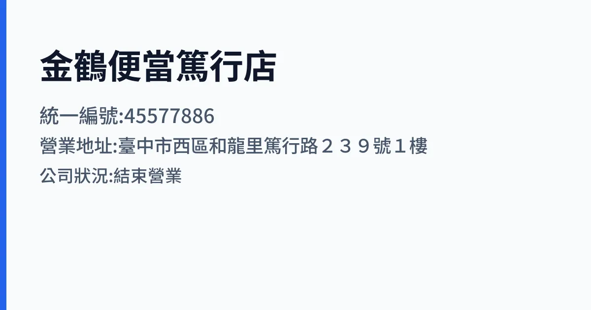 金鶴便當篤行店 - 統編 45577886(臺中市) 公司登記資料與營業項目詳細圖表
