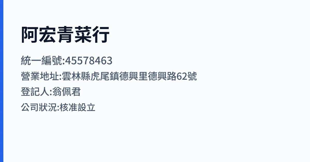 阿宏青菜行 - 統編 45578463（雲林縣） 公司登記資料與營業項目詳細圖表