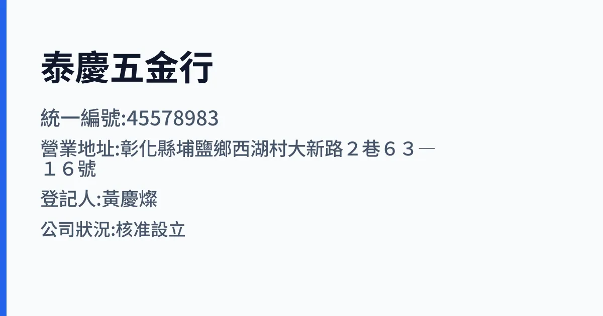 泰慶五金行 - 統編 45578983(彰化縣) 公司登記資料與營業項目詳細圖表