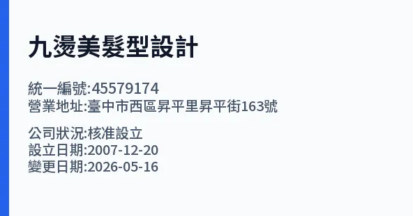 九燙美髮型設計的照片-統編 45579174(臺中市) 公司登記資料與營業項目詳細圖表