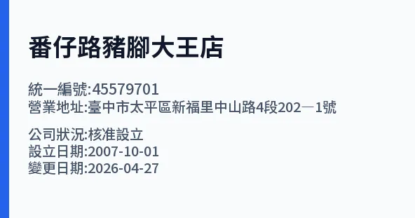 番仔路豬腳大王店的照片-統編 45579701(臺中市) 公司登記資料與營業項目詳細圖表