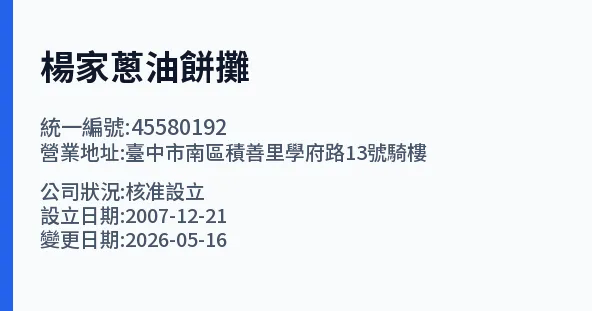 楊家蔥油餅攤的照片-統編 45580192(臺中市) 公司登記資料與營業項目詳細圖表