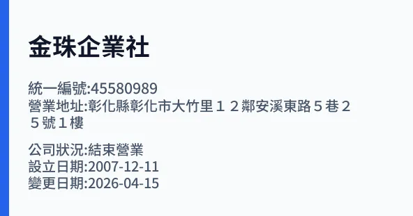 金珠企業社的照片-統編 45580989(彰化縣) 公司登記資料與營業項目詳細圖表