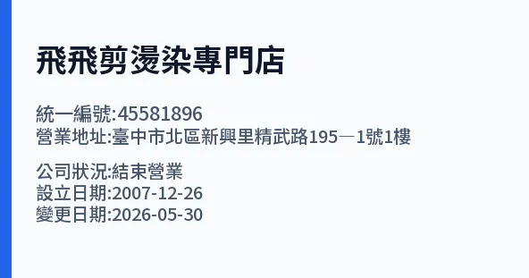 飛飛剪燙染專門店的照片-統編 45581896(臺中市) 公司登記資料與營業項目詳細圖表