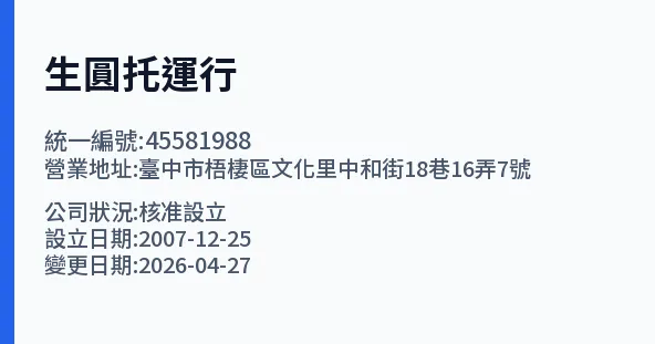 生圓托運行的照片-統編 45581988(臺中市) 公司登記資料與營業項目詳細圖表