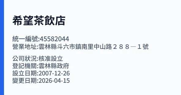 希望茶飲店的照片-統編 45582044(雲林縣) 公司登記資料與營業項目詳細圖表
