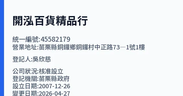 開泓百貨精品行的照片-統編 45582179(苗栗縣) 公司登記資料與營業項目詳細圖表