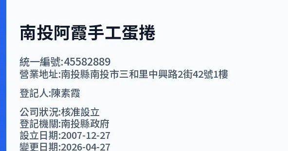 南投阿霞手工蛋捲的照片-統編 45582889(南投縣) 公司登記資料與營業項目詳細圖表