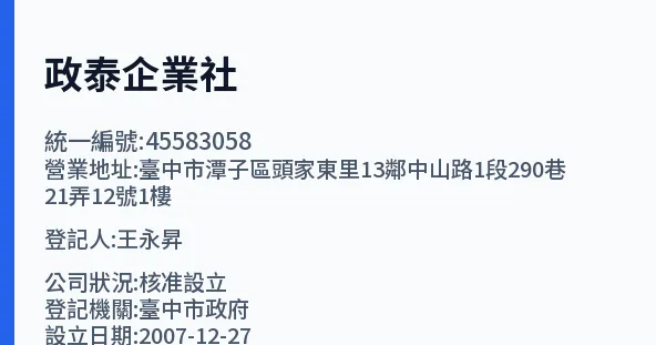 政泰企業社的照片-統編 45583058(臺中市) 公司登記資料與營業項目詳細圖表